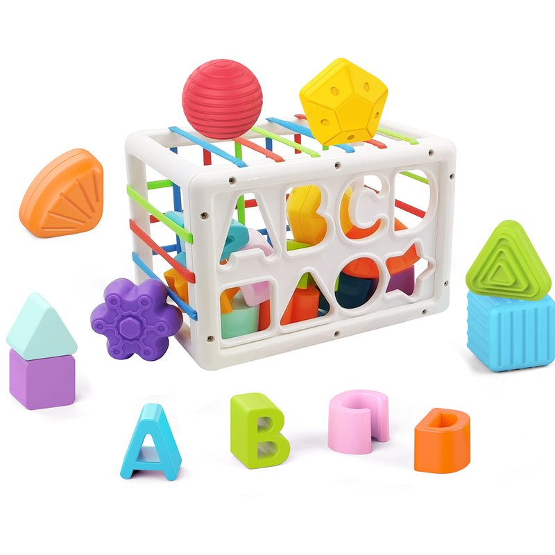 TwKueor Baby Shape Sorting Cube with ABCD and Shape Blocks, Sensory Bin ...